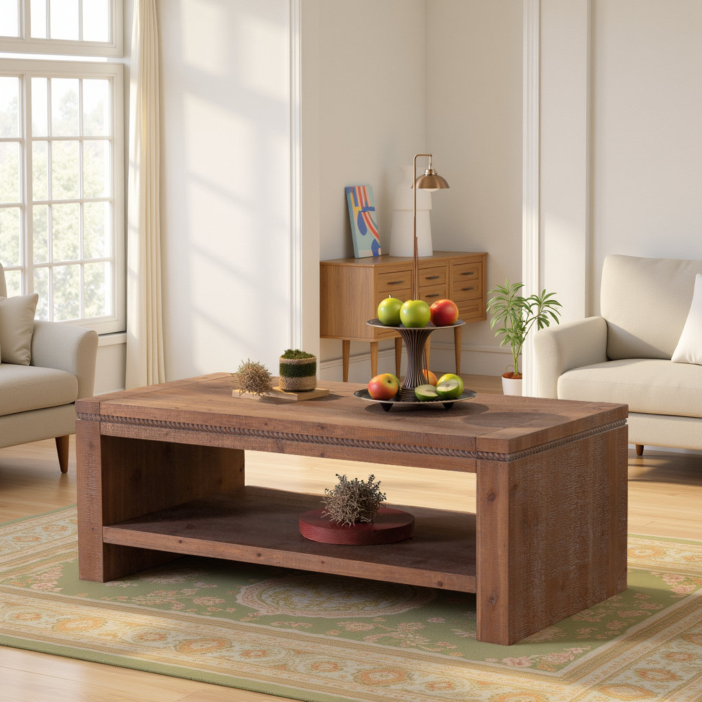 Millwood Pines Two-Tier Design Rustic Rectangle Coffee Table - 47" Solid Wood 2-Tier Storage ...